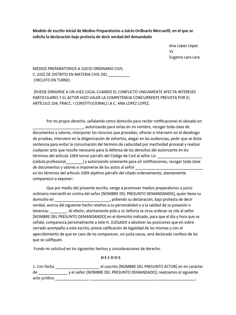 Modelo de Escrito Inicial de Medios Preparatorios A Juicio Ordinario ...