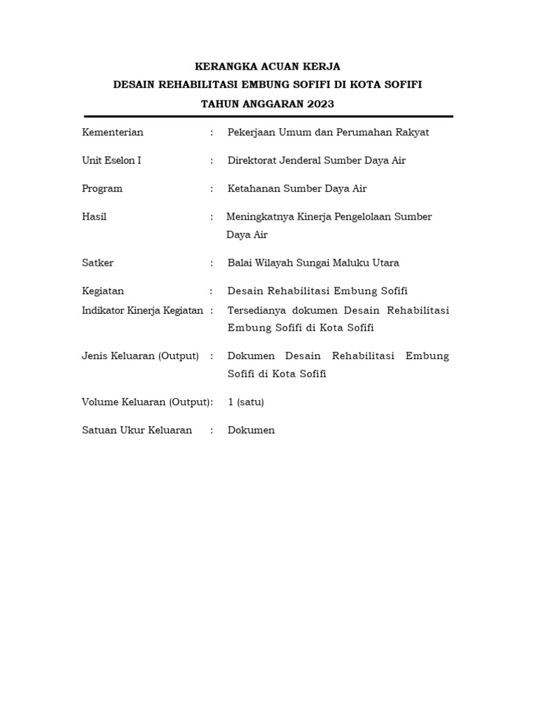 KAK DESAIN EMBUNG SOFIFI DI KOTA SOFIFI Review | PDF