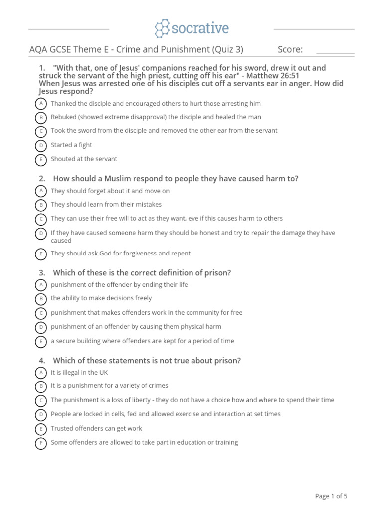 Aqa Gcse Theme e Crime and Punishment Quiz 3 | PDF | Punishments ...