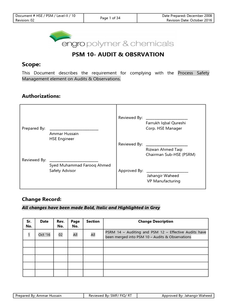 PSM 10 - Audits & Observations - Level 2 Document | PDF | Audit | Hazards
