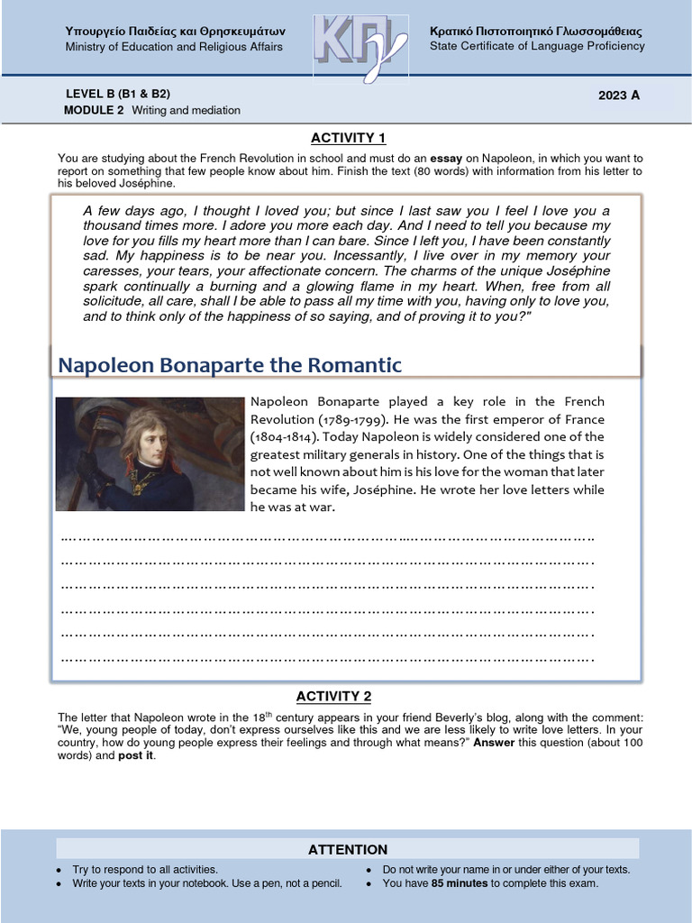 Napoleon Bonaparte The Romantic: Activity 1 | PDF