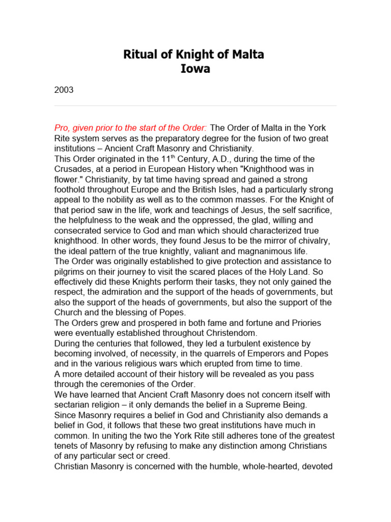 Ritual of Knight of Malta Iowa: Pro, Given Prior To The Start of The ...