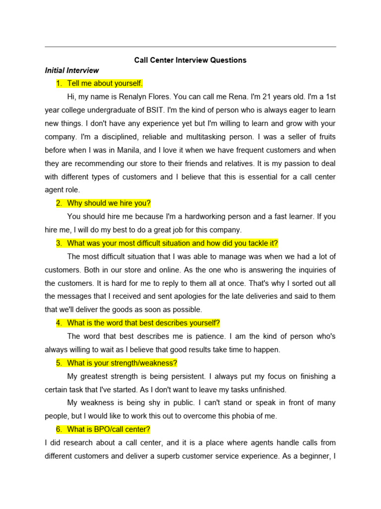 Call Center Interview Questions Guide | PDF | Call Centre | Thought