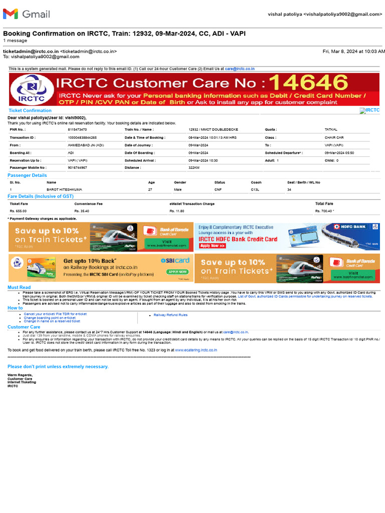 Gmail - Booking Confirmation On IRCTC, Train - 12932, 09-Mar-2024, CC, ADI - VAPI | PDF ...