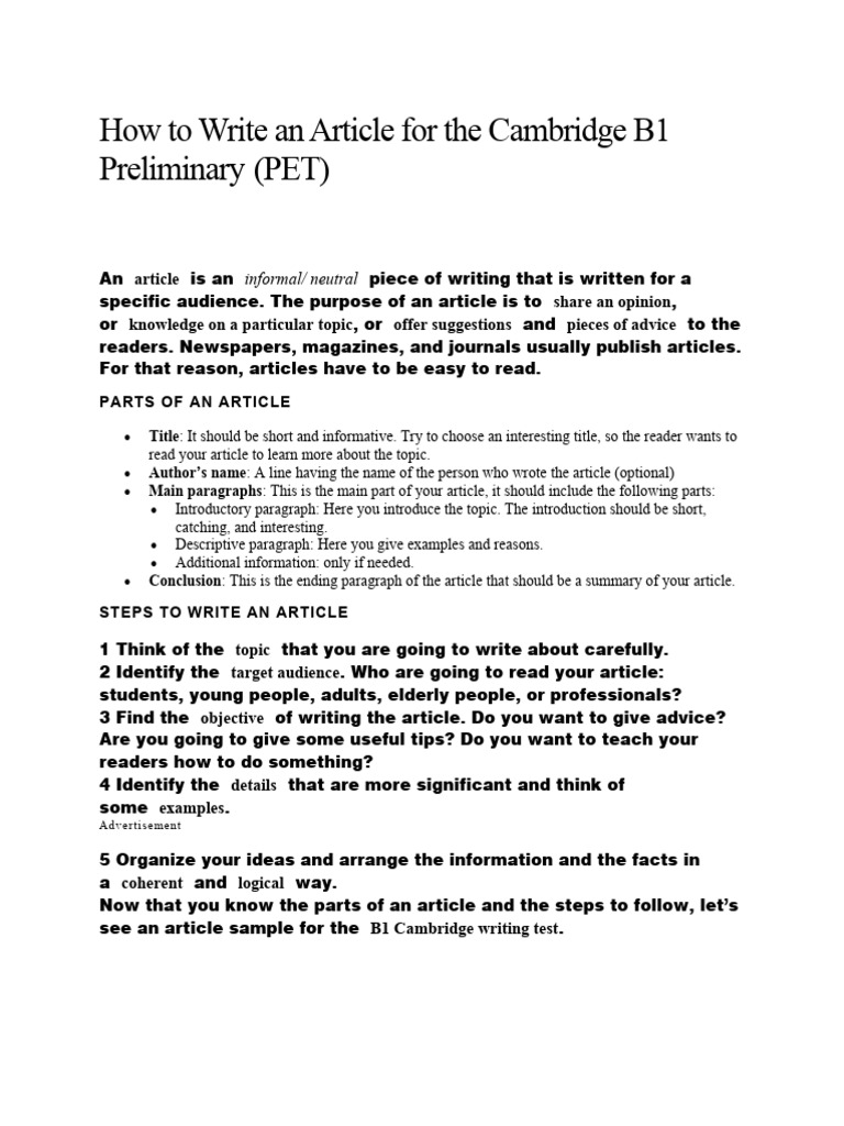 How To Write An Article For The Cambridge B1 Preliminary | Download Free PDF | Reason ...
