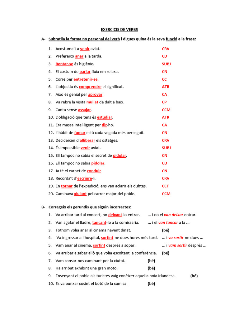 Exercici de Verbs (Correcció) | PDF