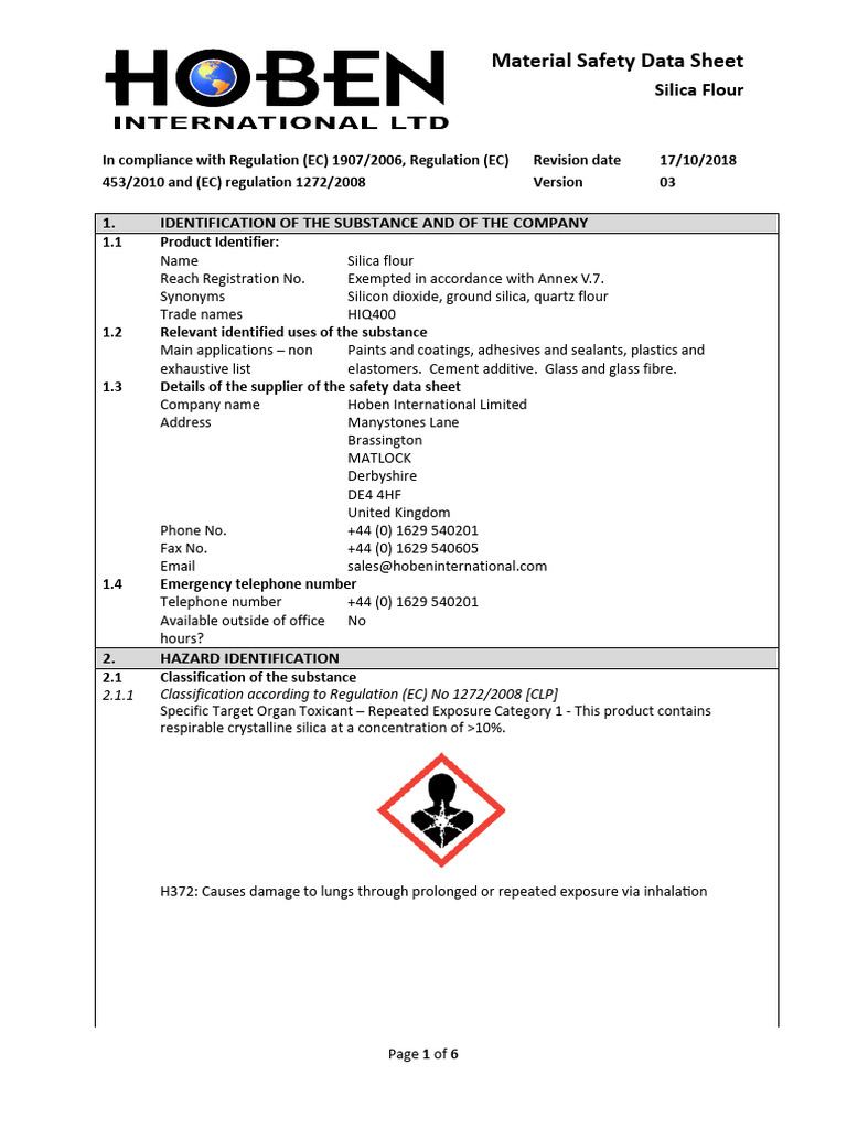 Silica Flour MSDS Overview | PDF | Toxicity | Personal Protective Equipment