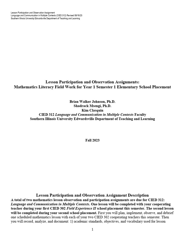 Math Literacy Observation Assignment Guide | PDF | Teachers | Vocabulary