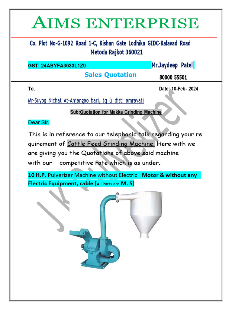 Quotation For Makka Grinding Machine 10 HP CF | PDF