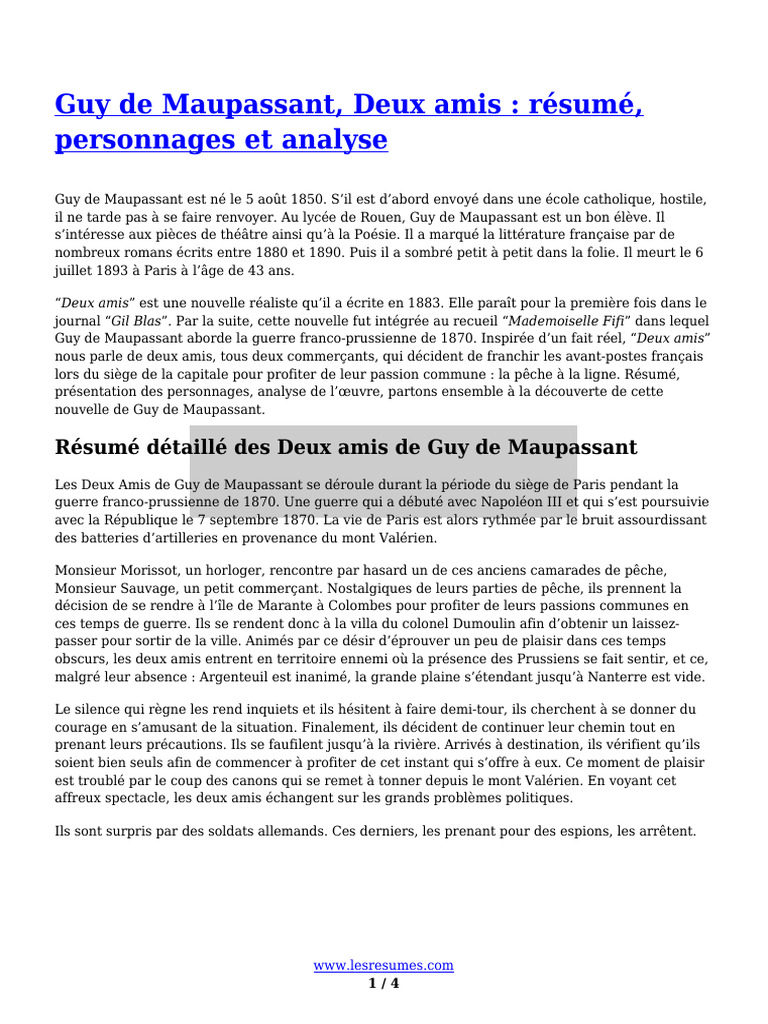 Guy de Maupassant Deux Amis Resume Personnages Et Analyse | PDF | Guy ...