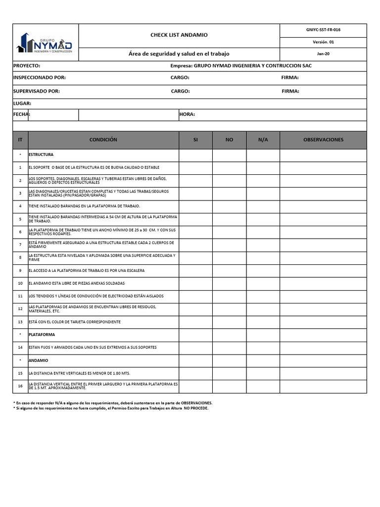 Checklist de Inspección de Andamios | PDF