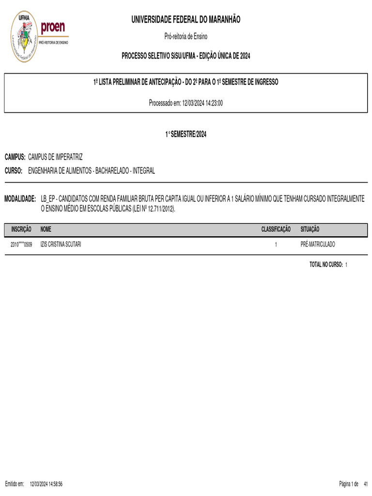 1a Lista Antecipacao Producao 20240312 145937 Sisu 2024 1 | PDF ...