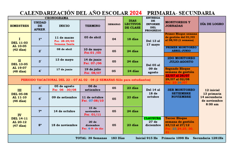 Calendarización-Escolar-2024 Colegio | PDF | Días festivos | Observancias