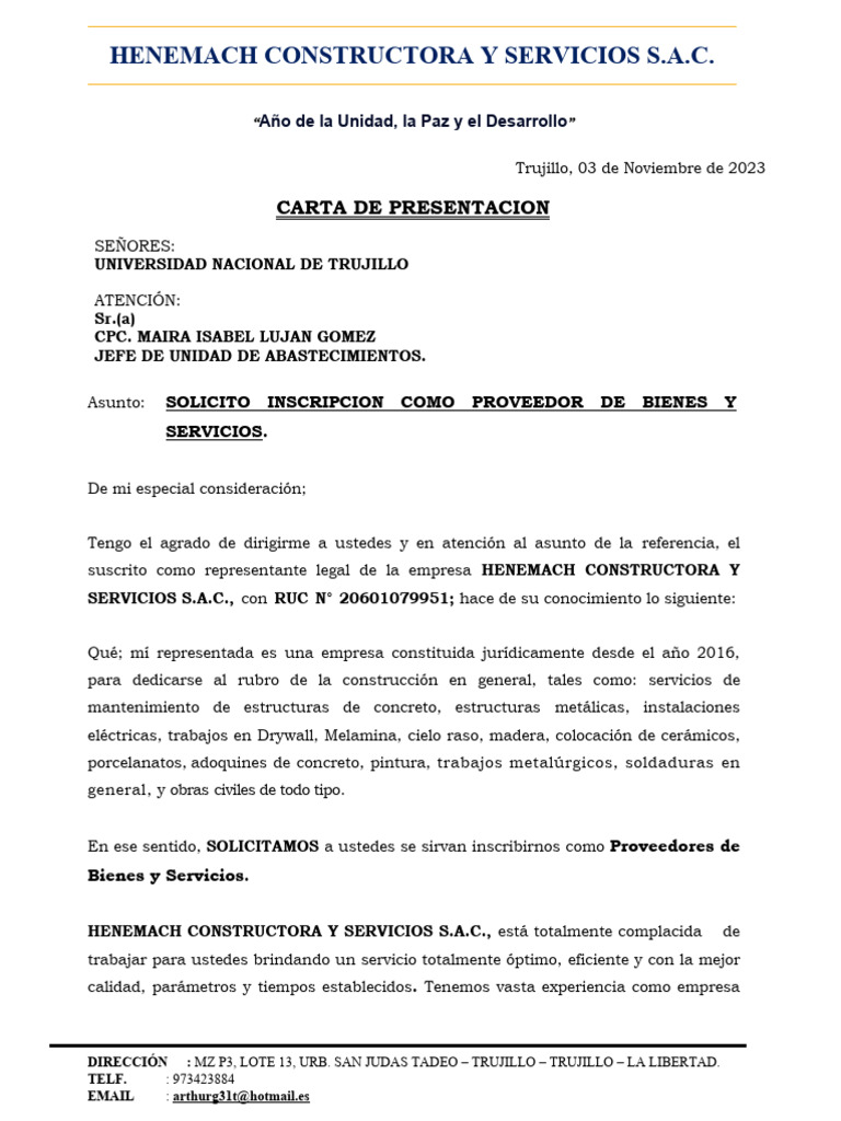 Carta Presentacion Proveedor de Bienes y Servicios | PDF