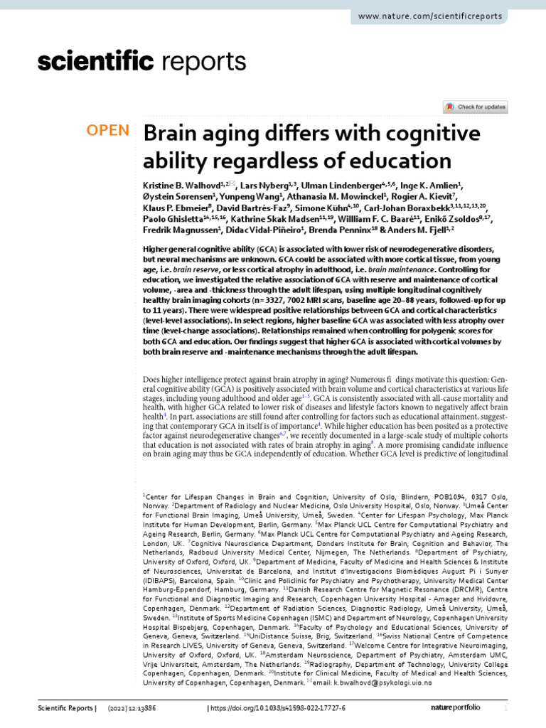 Walhovd, 2022 - Brain Aging Differs With Cognitive Ability Regardless of Education | PDF ...