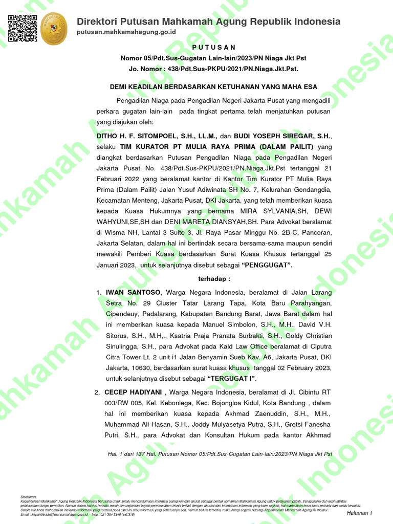 Putusan Pailit PT Mulia Raya Prima 2023 | PDF