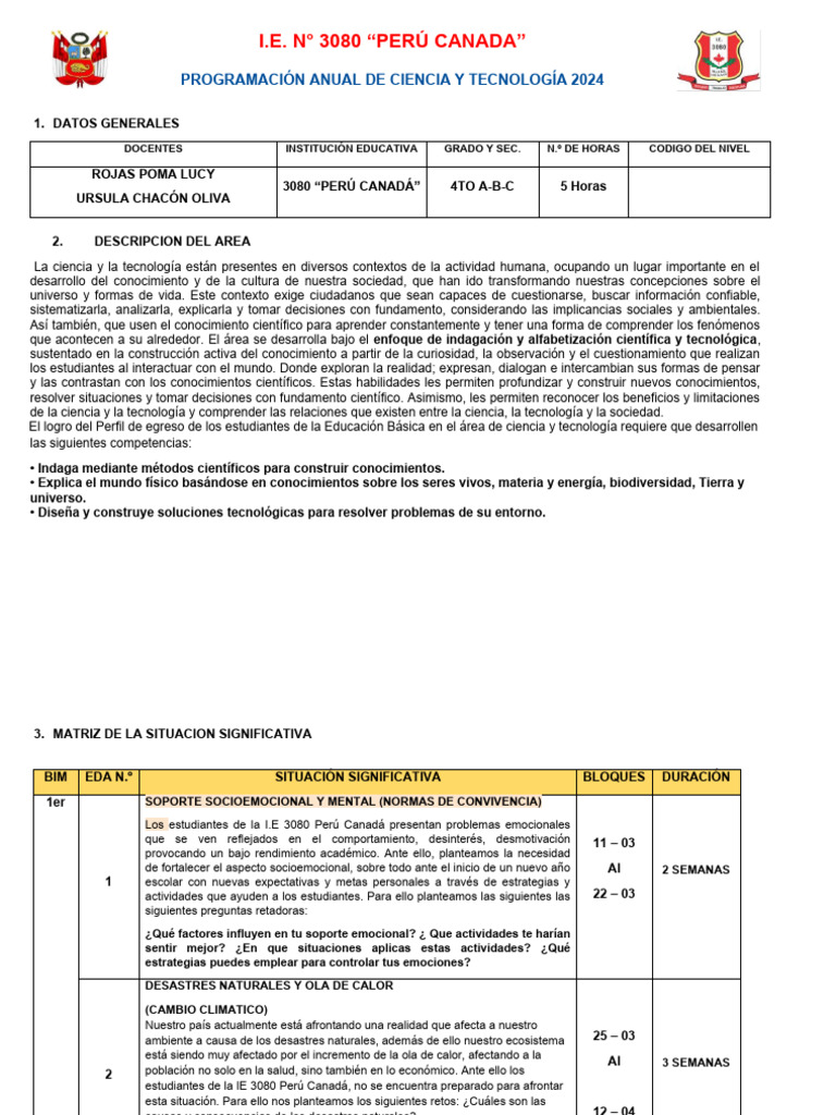 PROGRAMACION ANUAL C y T - 4to-Oficial | Descargar gratis PDF | Aprendizaje | Organismos