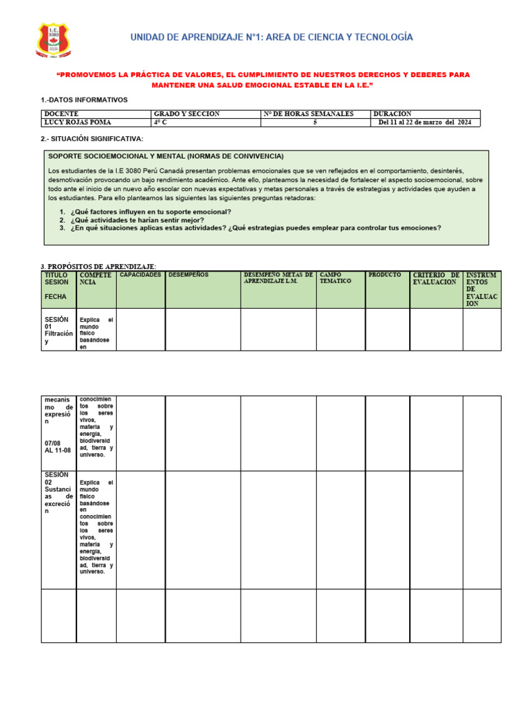 UNIDAD DE APRENDIZAJE N° 1 | PDF | Aprendizaje | Organismos