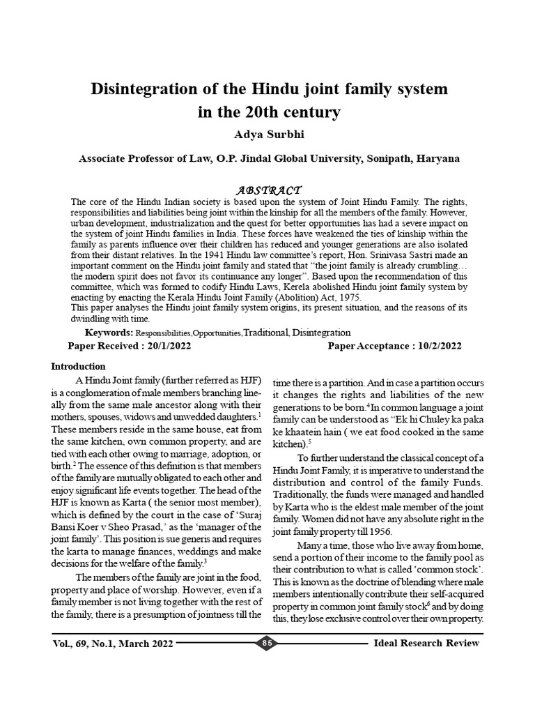 Disintegration of The Hindu Joint Family System | PDF | Family | Marriage
