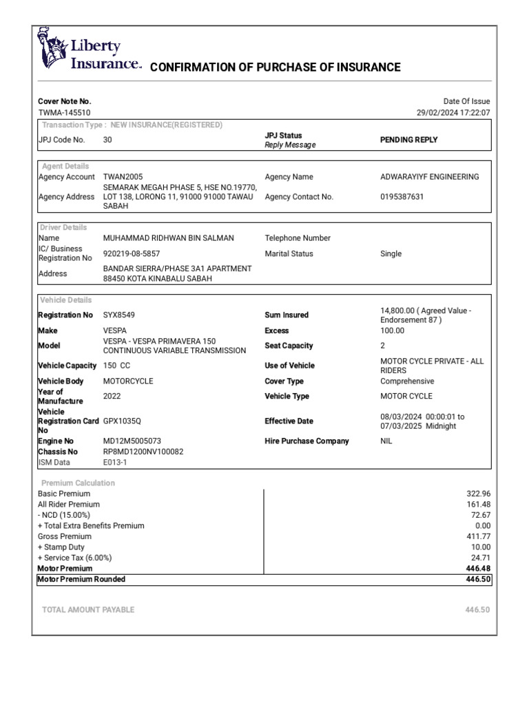 Quotation Syx8549 | PDF | Insurance | Motorcycle