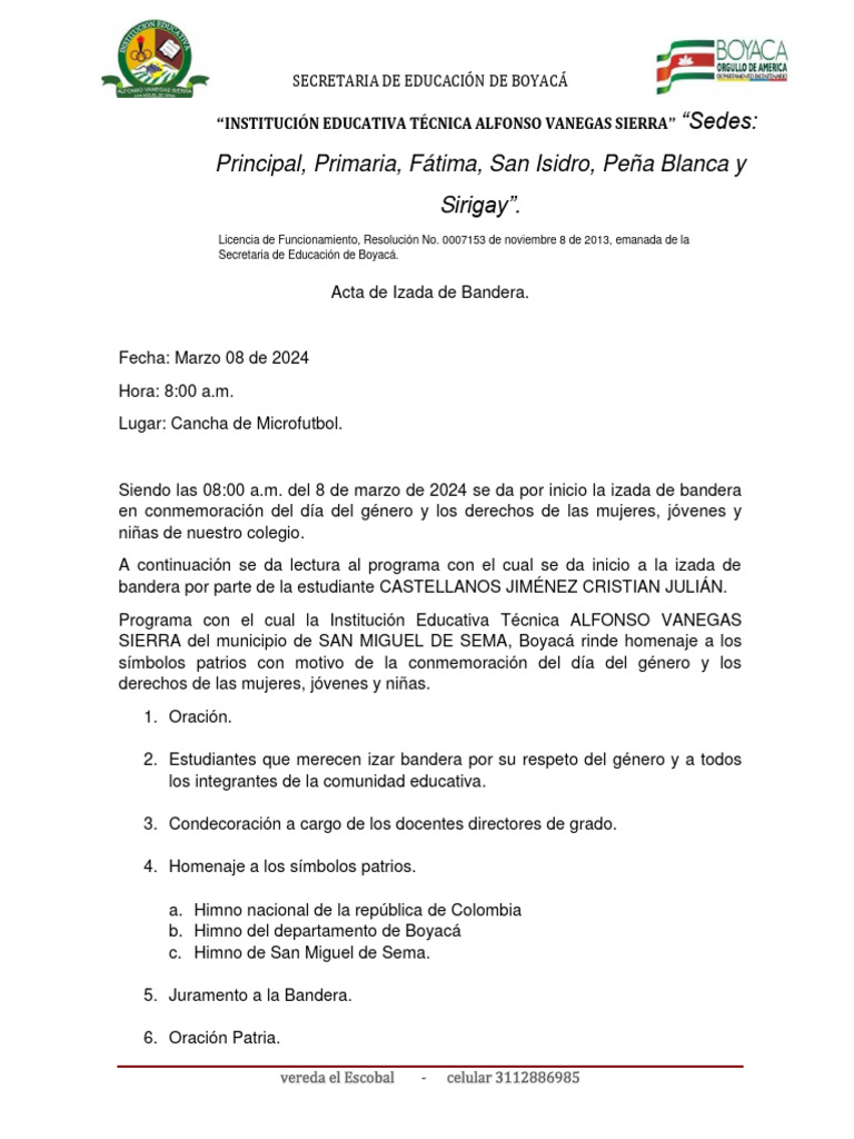 Acta Izada de Bandera Dia Del Genero | PDF | Estudios de género | Igualdad de género