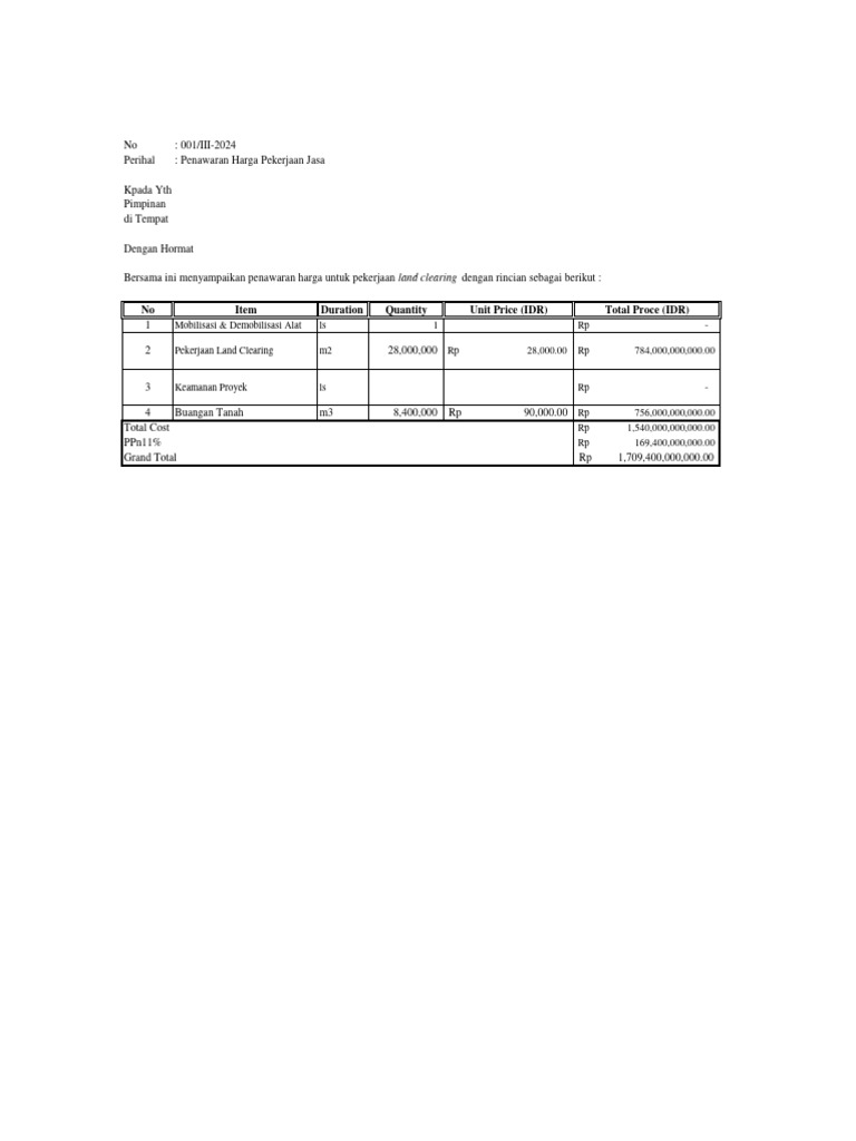 Land Clearing - Surat Penawaran Harga | PDF