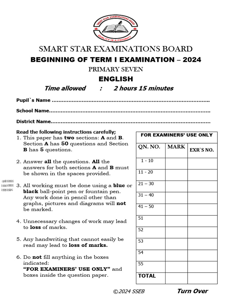 SSEB Primary Seven English Exam 2024 | PDF | Traffic | Road