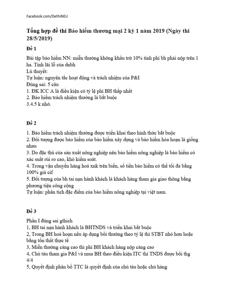 Tổng hợp đề thi Bảo hiểm thương mại 2 kỳ 1 năm 2019 | PDF
