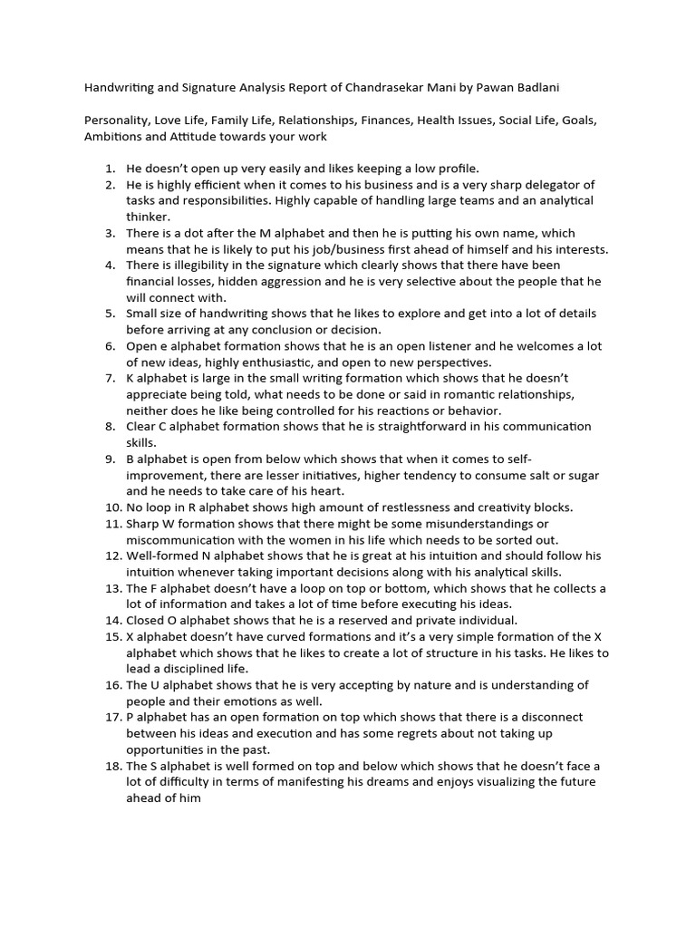 Handwriting and Signature Analysis Report of Chandrasekar Mani by Pawan Badlani | PDF ...