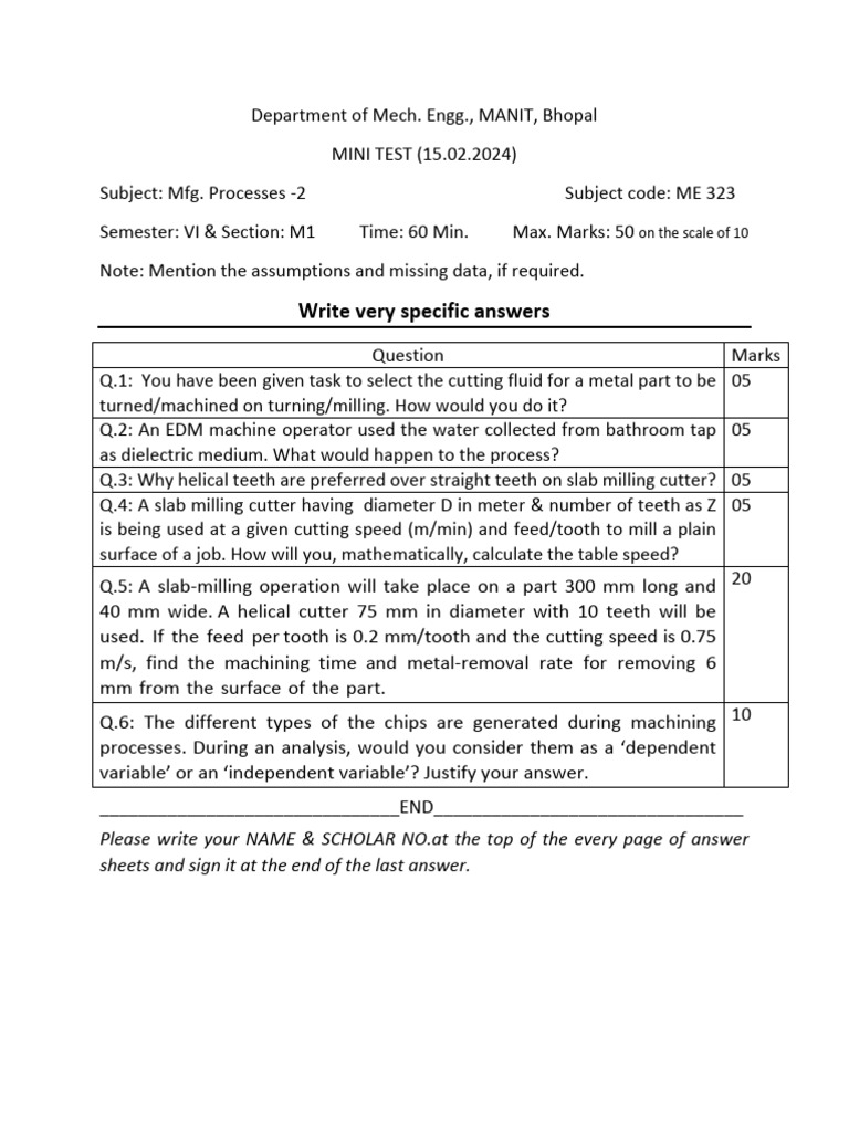 Model Solution of Mini Test Section M1, ME 323 | PDF | Purified Water ...