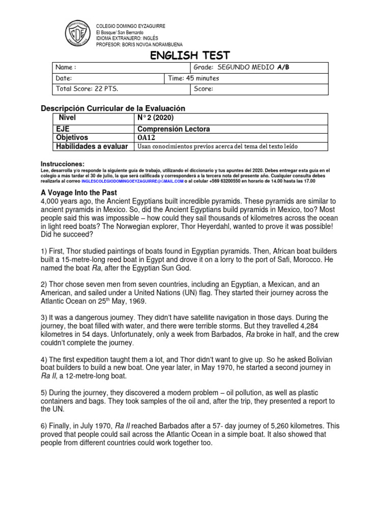 Prueba-N°-2-Inglés-2°-Medio Valeria Khamis | PDF | Social Science | Science & Mathematics