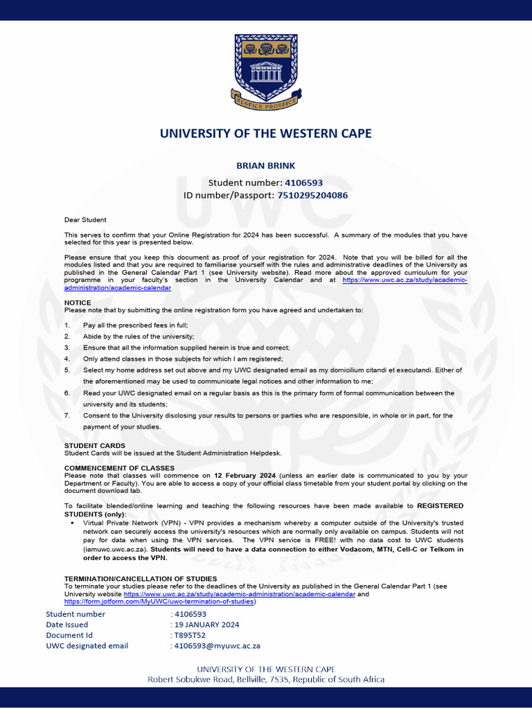 University of The Western Cape: Student Number: ID Number/passport ...