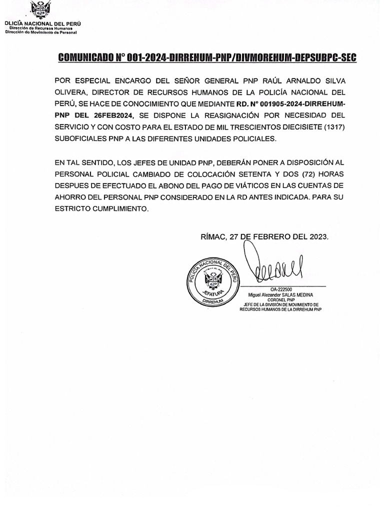 COMUNICADO N°001-2024-DIRREHUM-PNPDIVMOREHUM-DEPSUBPC-SEC Con Relación A La Ejecución de Cambios ...