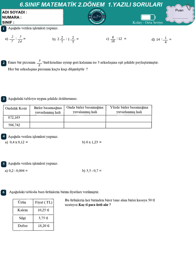 6.SÄ Nä F Matematik 2.DÃ Nem 1.YazÄ Lä SorularÄ PDF 2023-2024 | PDF