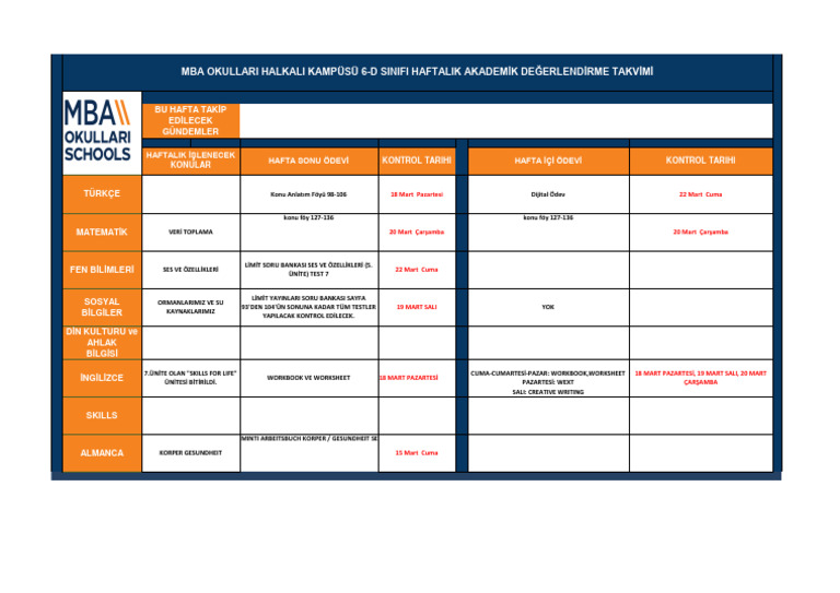 Mba Okullari Halkali Kampüsü 6-D Sinifi Haftalik Akademik Değerlendirme ...