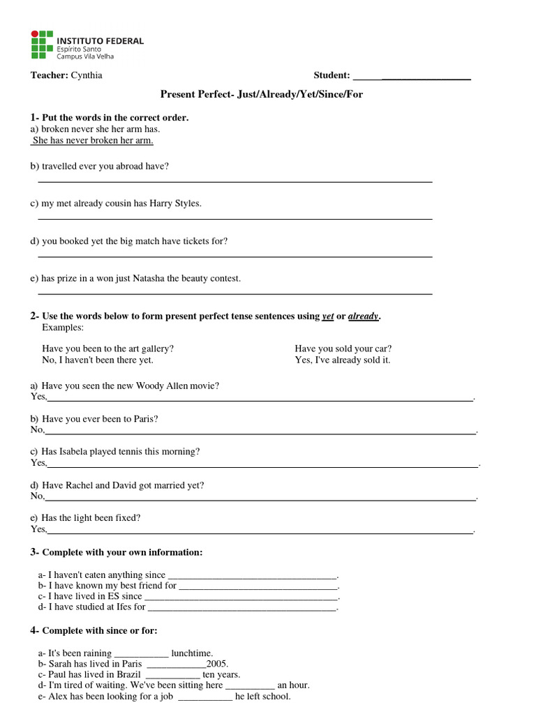 Exercises PRESENT PERFECT - Just Already Yet Since For | PDF
