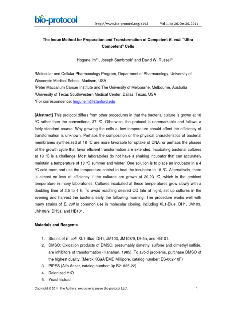The Inoue Method For Preparation and Transformation of Competent E ... The Inoue Method For Preparation and Transformation of Competent E ...