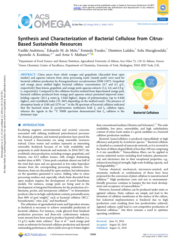 Andritsou Et Al 2018 Synthesis and Characterization of Bacterial Cellulose From Citrus Based ...