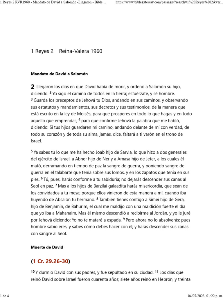 1 Reyes 2 RVR1960 - Mandato de David A Salomón - Llegaron - Bible ...
