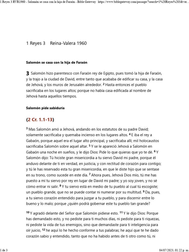 1 Reyes 3 RVR1960 - Salomón se casa con la hija de Faraón - Bible ...