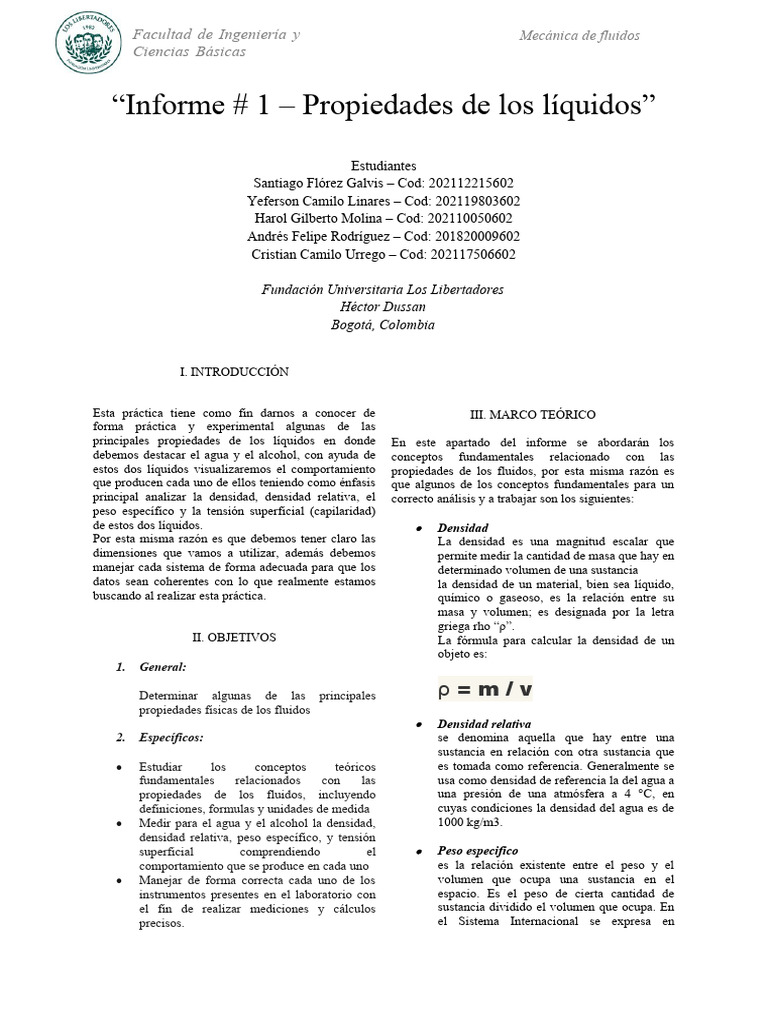 Informe Fluidos 1 PARA IMPRIMIR | PDF | Peso | Densidad