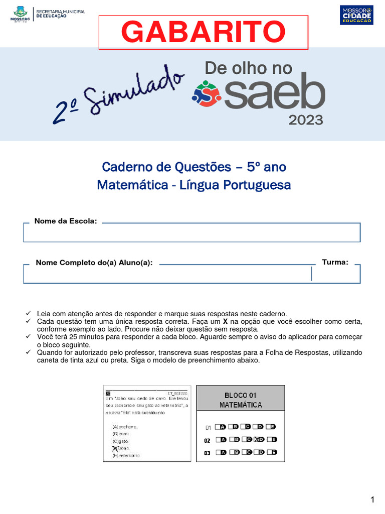 2° SIMULADO SAEB - 2023 - 5° ANO - GABARITO | PDF | Desmatamento | Terra