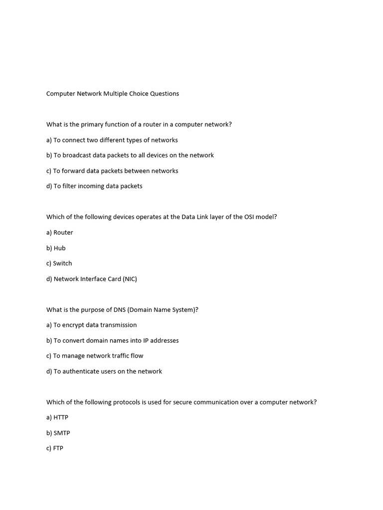 Computer Network Multiple Choice Questions | PDF | Computer Network | Osi Model
