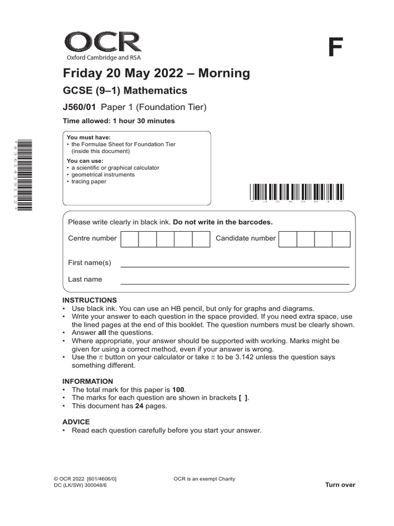 J560 - 01 GCSE (9-1) Paper 1 (Foundation Tier) Mathematics May - Jun ...