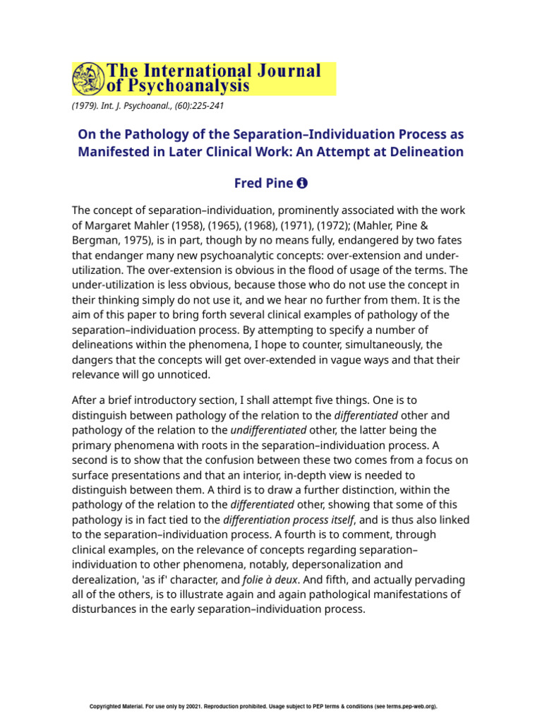 On The Pathology of The Separation-Individuation Process As Manifested ...