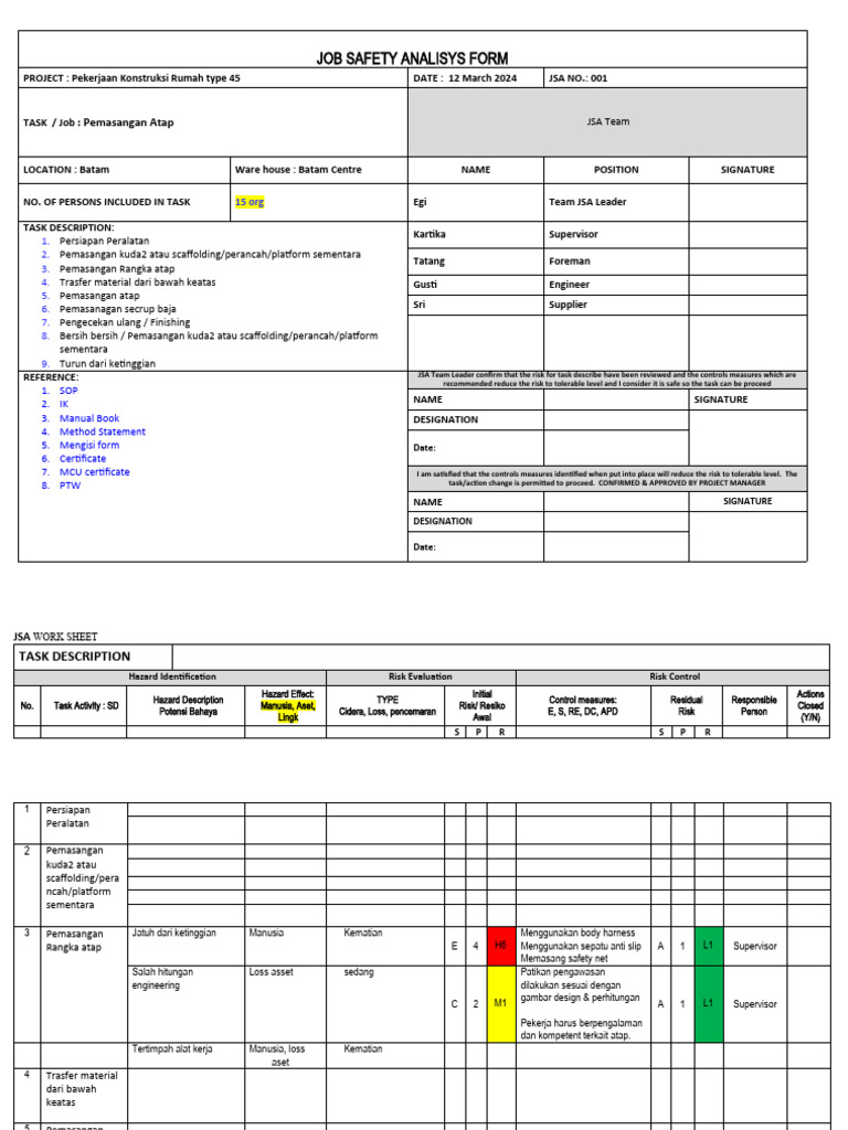 JSA Form | PDF | Securities | Safety