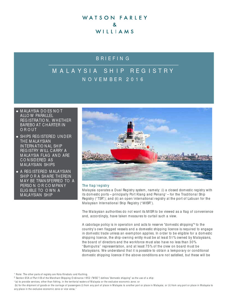WFW Briefing MalaysianShipRegistry Nov2016 | PDF | Mortgages | Mortgage Law