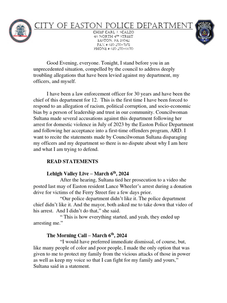 EPD Chief Scalzo's Statement Concerning Arrest of Taiba Sultana | PDF ...