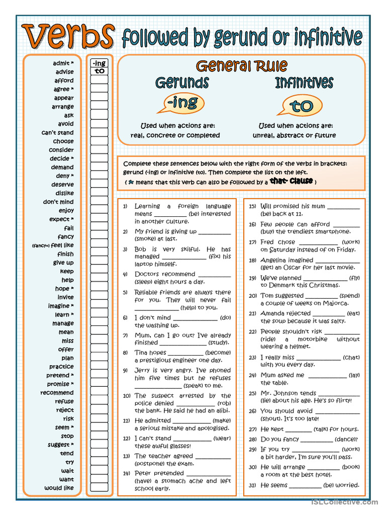 VERBS FOLLOWED BY GERUND OR INFINITIVE With Answer Key | PDF | Verb