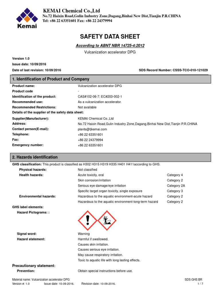 DPG-SDS Kemai-Ingles | PDF | Occupational Safety And Health | Safety